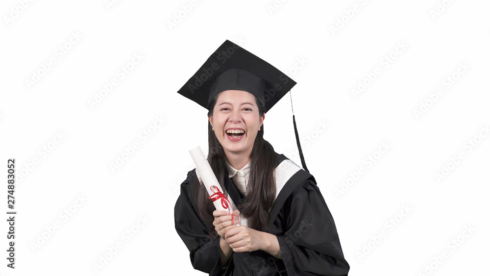 Excited graduation student with diploma scroll. asian college girl ...