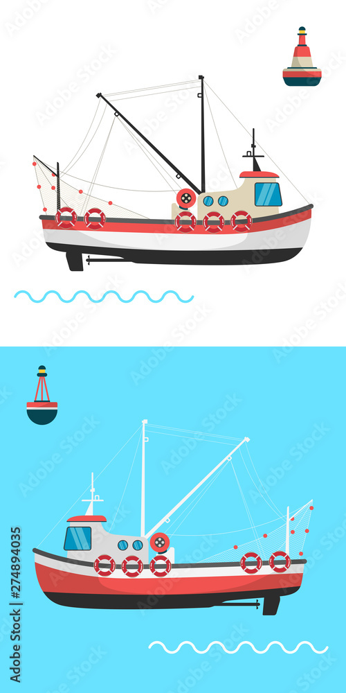 Fishing boat side view and buoys with blue sea background and isolated ...