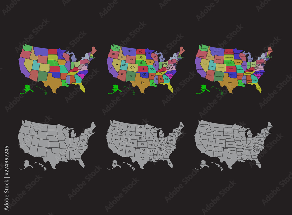 united states map, USA divided maps with names illustration design ...