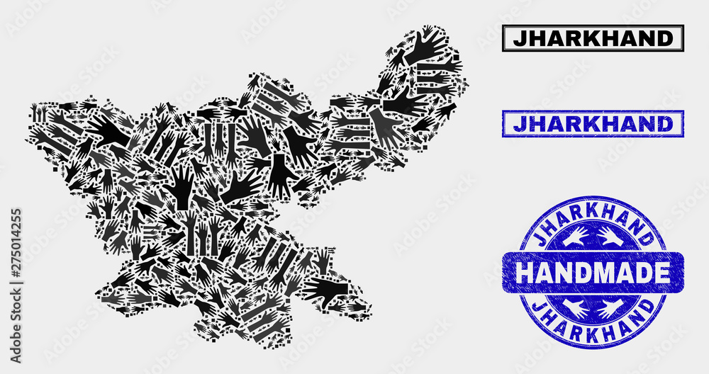 Vector handmade collage of Jharkhand State map and corroded watermarks ...