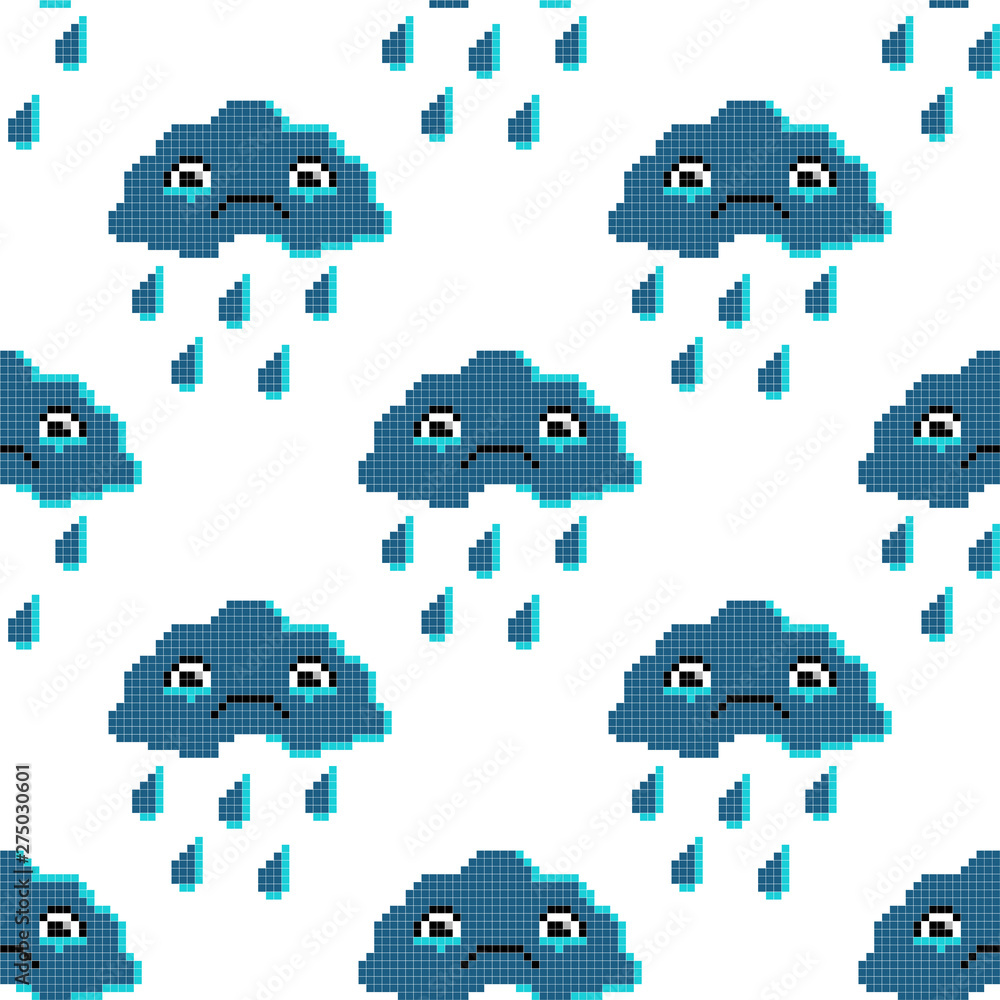 Seamless pattern with sad cloud. Pixel art background, cartoon vector ...