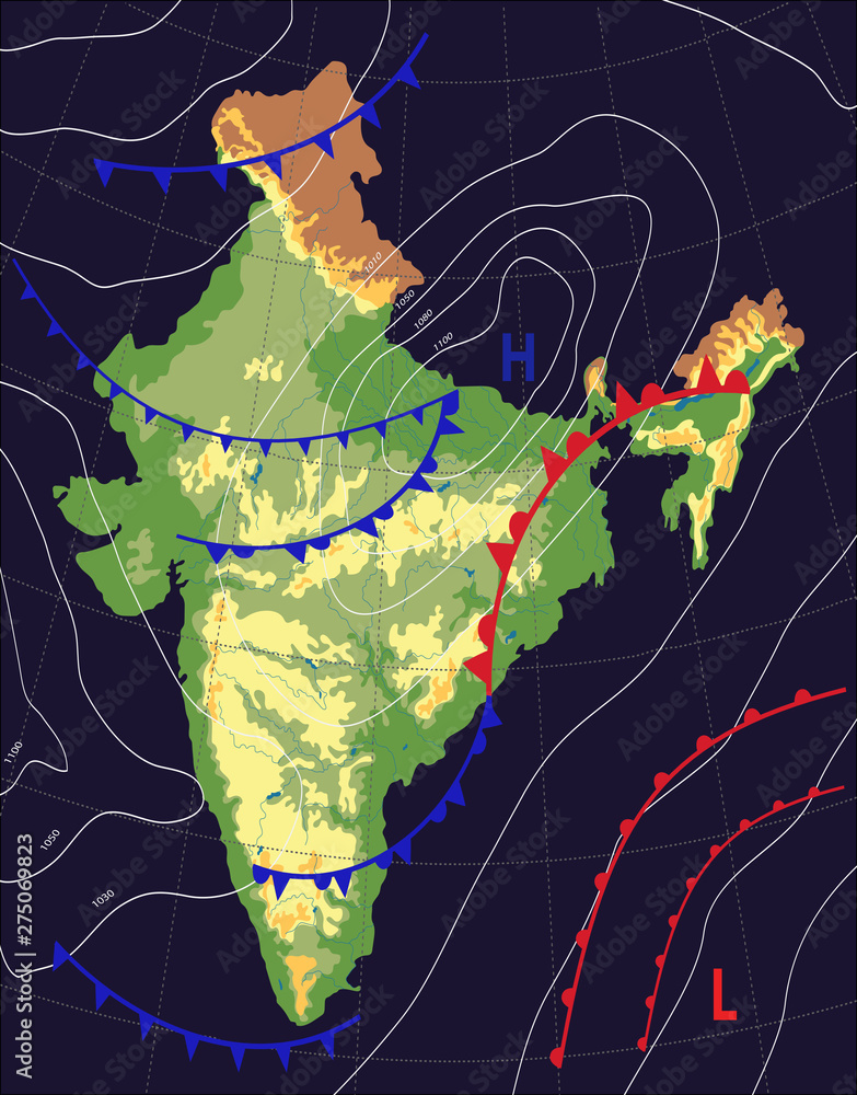 India. Realistic synoptic map of the India showing isobars and weather ...