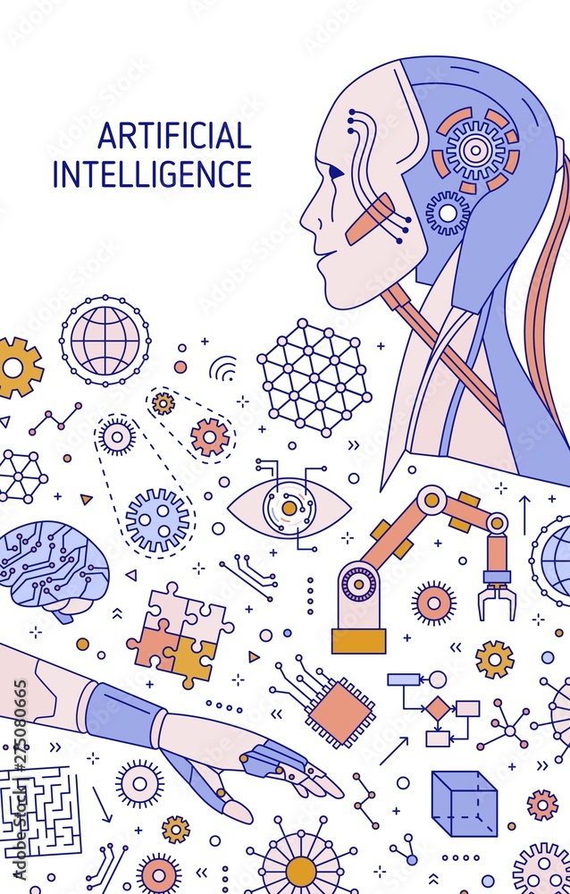 Flyer or poster template with robot, robotic arm, automatic manipulator ...