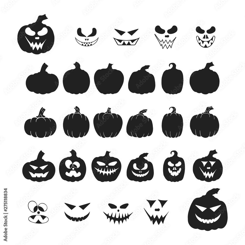 Halloween collection of jack o lantern pumpkin silhouettes, icons with ...