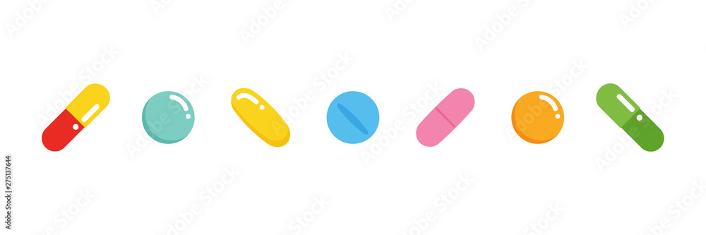 Set, collection of cute colorful pills, medications in different sizes ...