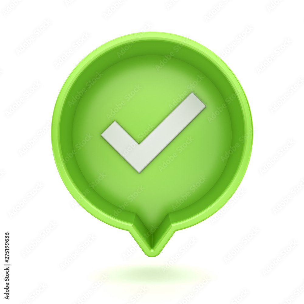 3d social media notification check mark icon in light green round pin ...