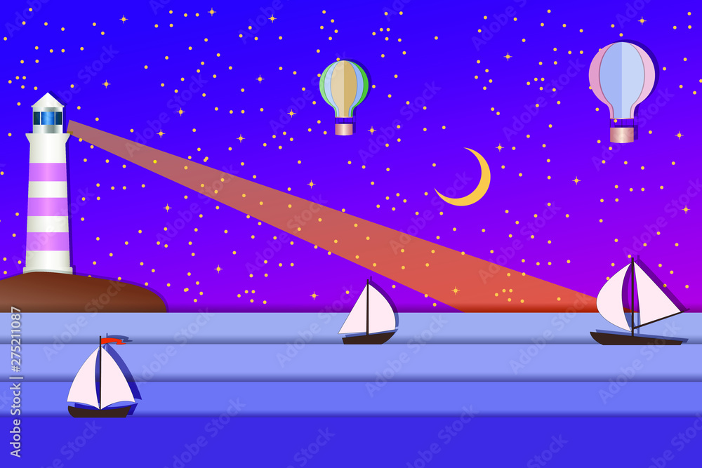 Sea landscape with lighting lighthouse. Dark sky moon and stars ...