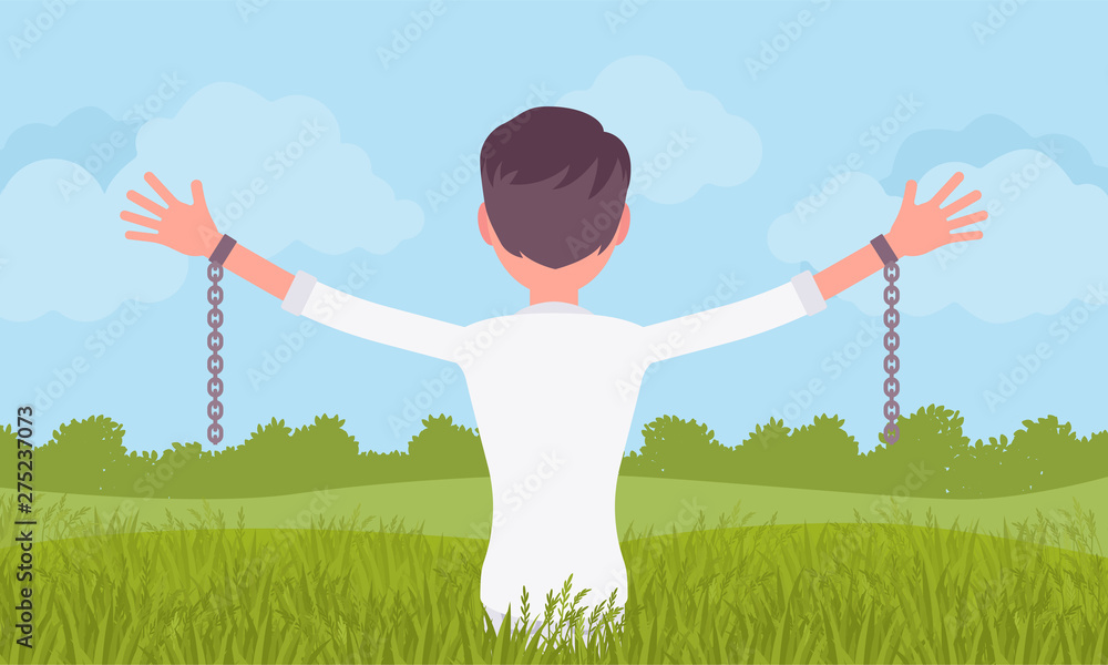 Unchained man with stretched out arms, rear view. Young guy with ...