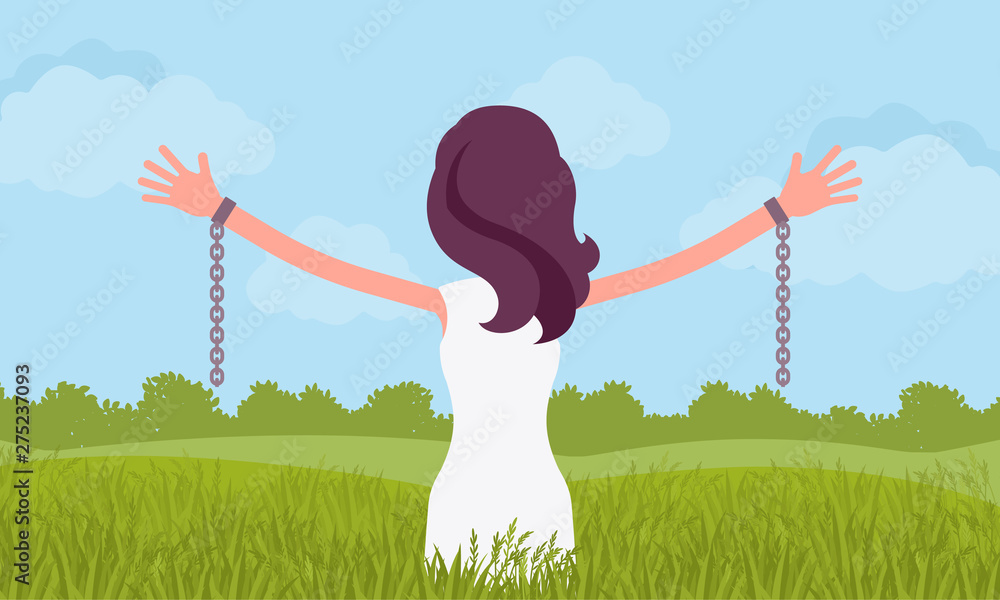 Stock-Vektorgrafik „Unchained woman with stretched out arms, rear view ...