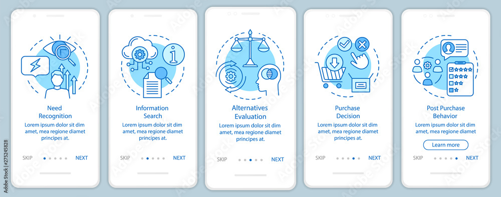Buying decision process blue onboarding mobile app page screen vector ...