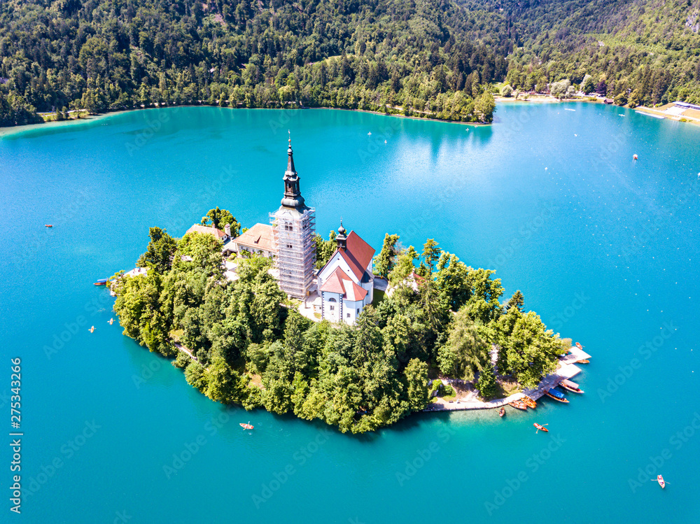 Aerial view of Bled Island or Blejski otok, Assumption of Mary church ...