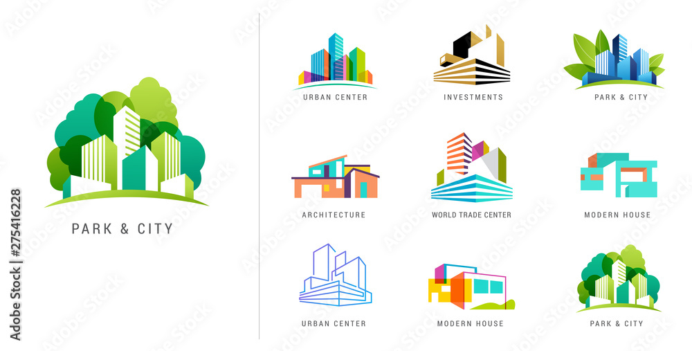 Real estate logo, building development, set of logos, icons and ...