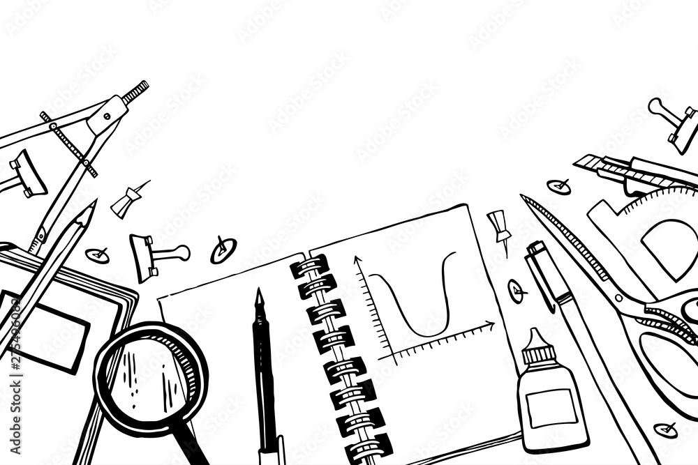 School items. Composition with top view of pupil's table. Hand drawn ...