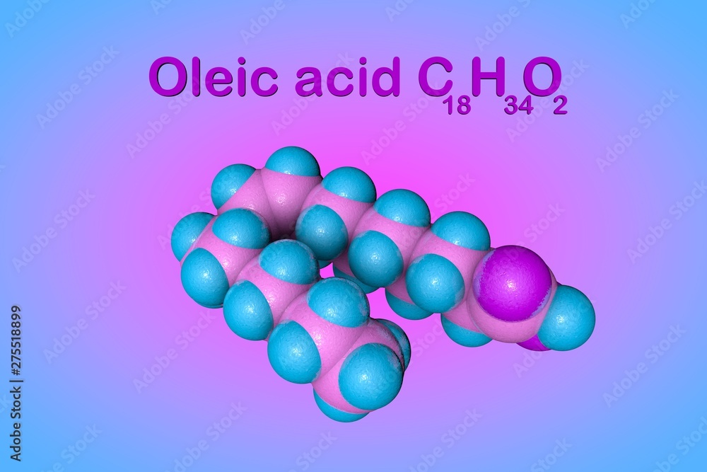Structural chemical formula and molecular model of oleic acid. It is a ...