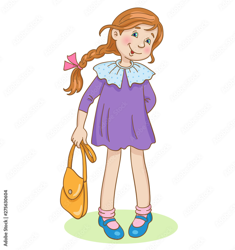 Cute little girl with a small bag in her hand. In cartoon style ...