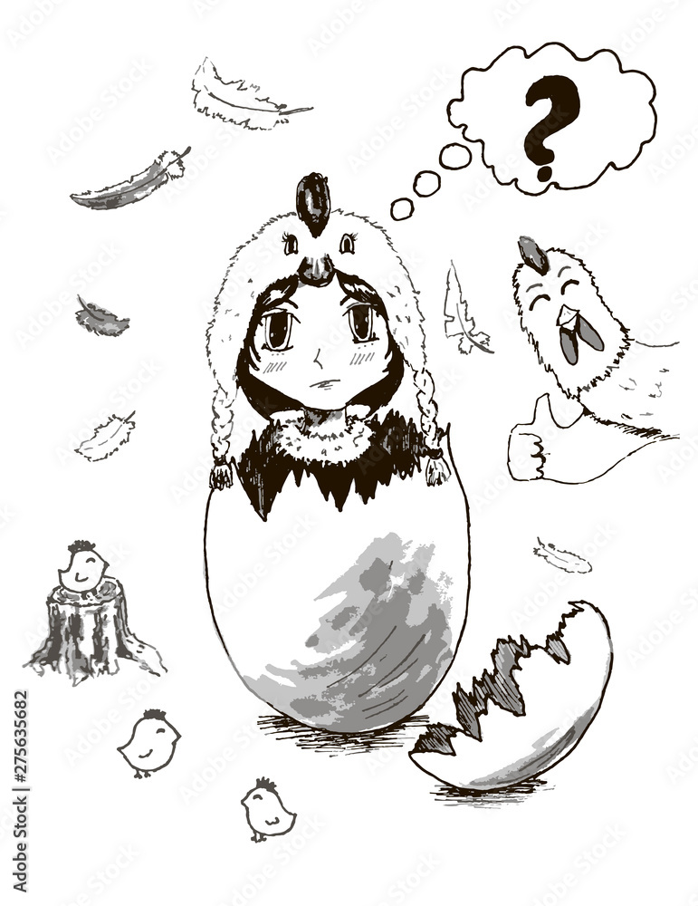 Vector anime character in egg shell with hens and feathers. Cartoon ...