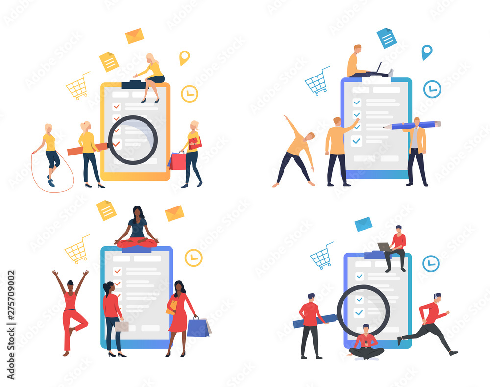 Collection of people carrying out cases from to-do lists. Flat cartoon ...
