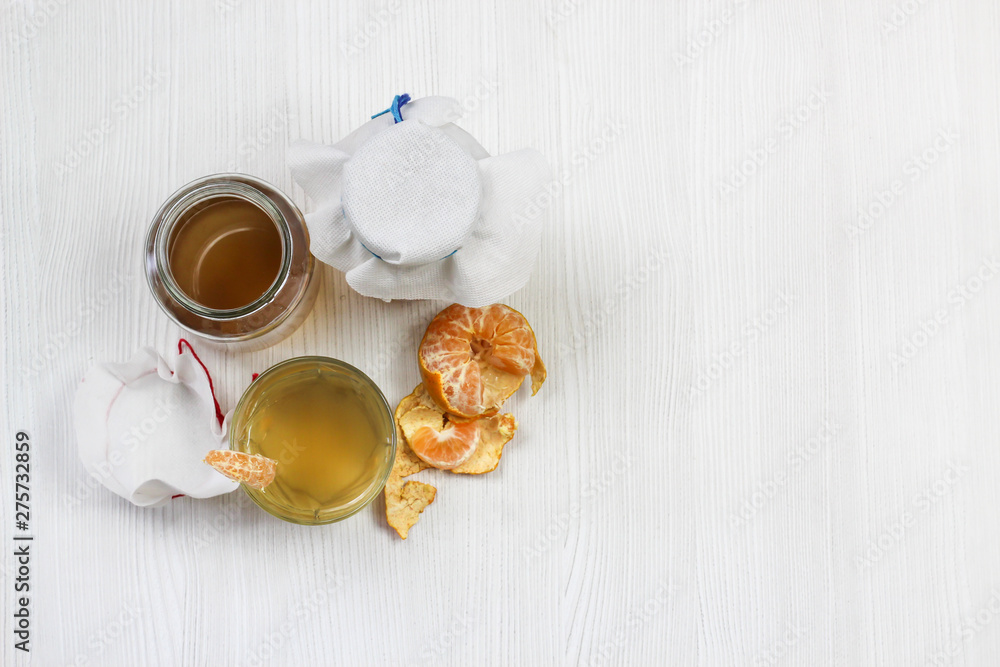 fermented drink, jun tea healthy natural probiotic in a glass jar, with ...