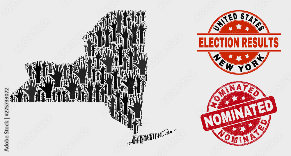 Ballot New York State map and seals. Red round Nominated textured seal ...