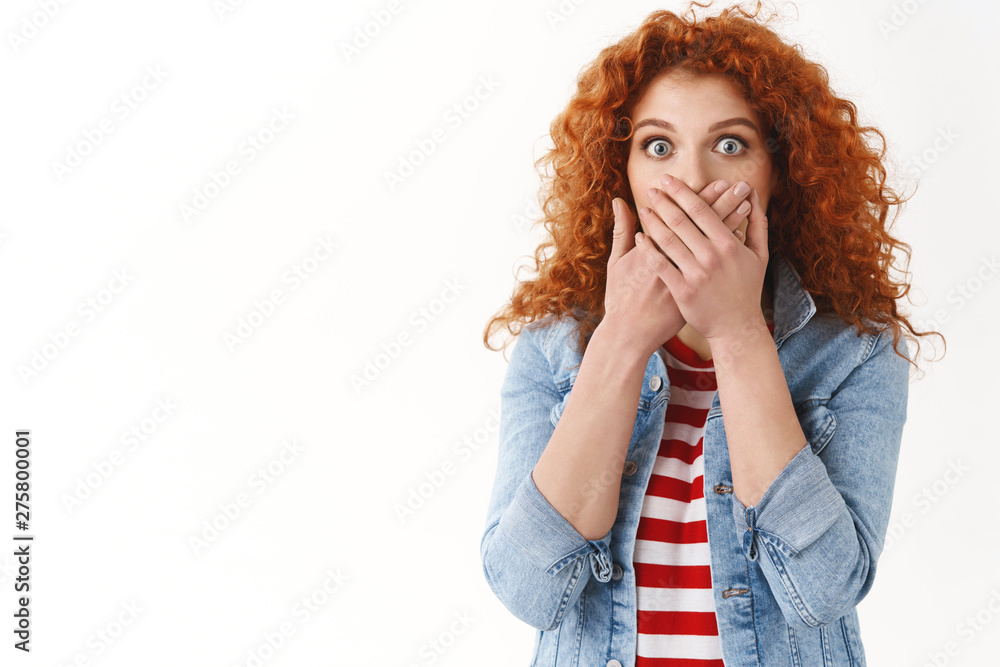 Shocked concerned young redhead female friend reacting shocking ...