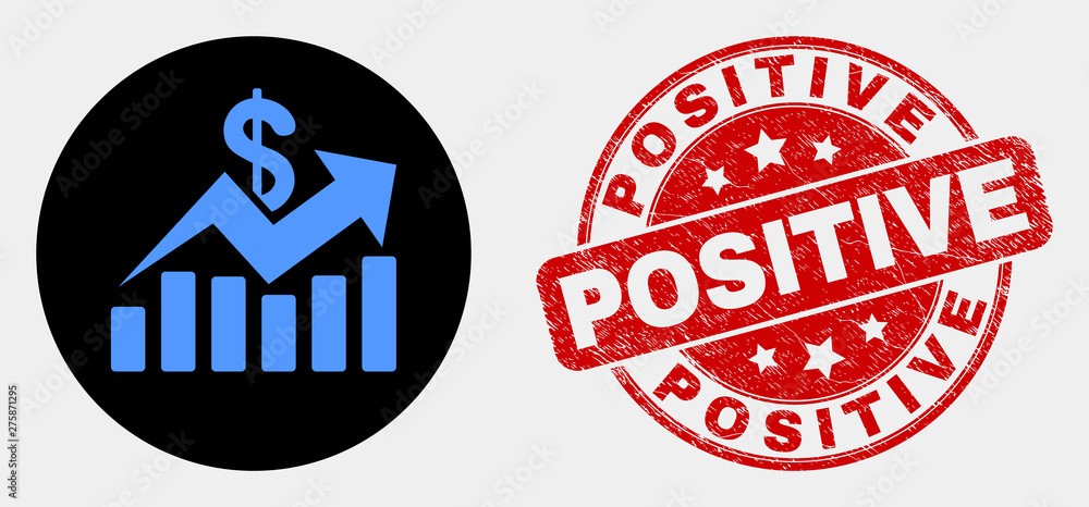 Rounded sales trend charts icon and Positive watermark. Red round ...
