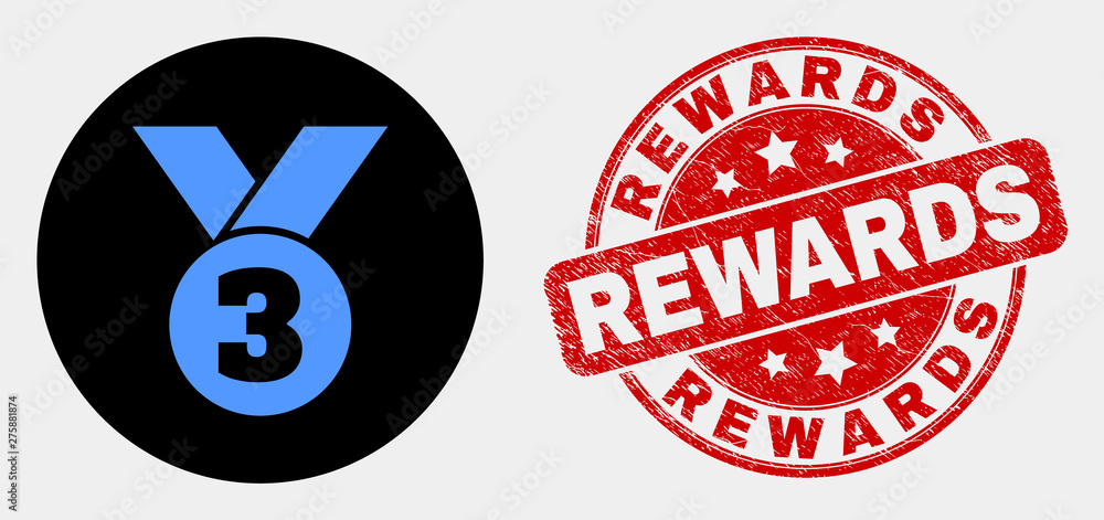 Rounded third medal icon and Rewards stamp. Red rounded textured stamp ...