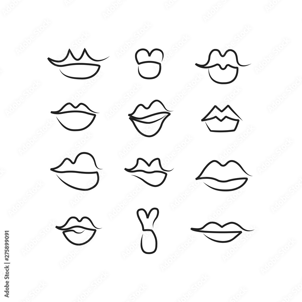 Vector set of one line lips isolated on white. Part of the human body ...