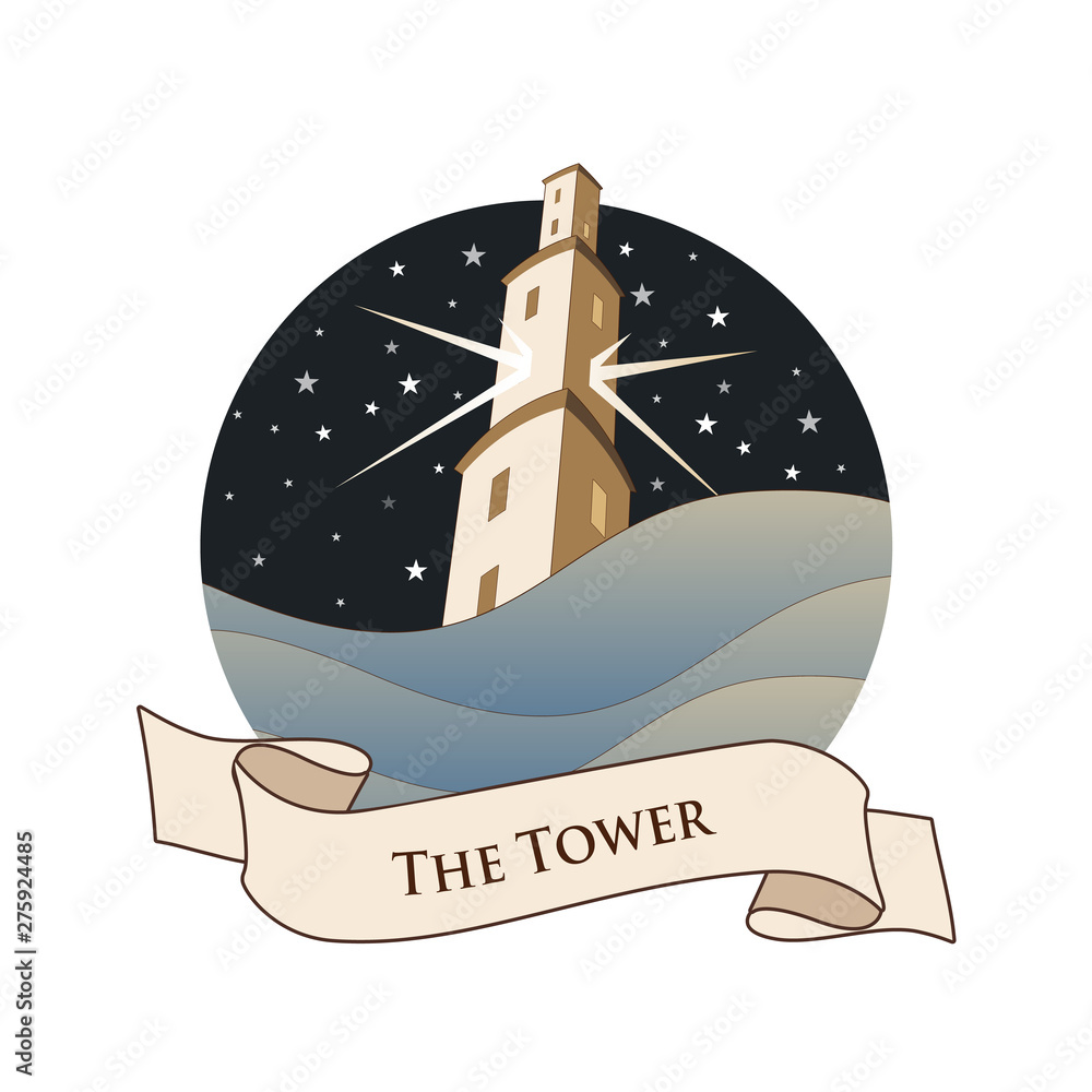 Major Arcana Emblem Tarot Card. The Tower. Large tower over raging sea ...