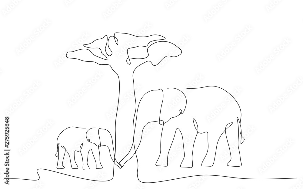 Elephants family near tree baobab, african landscapes line drawing ...