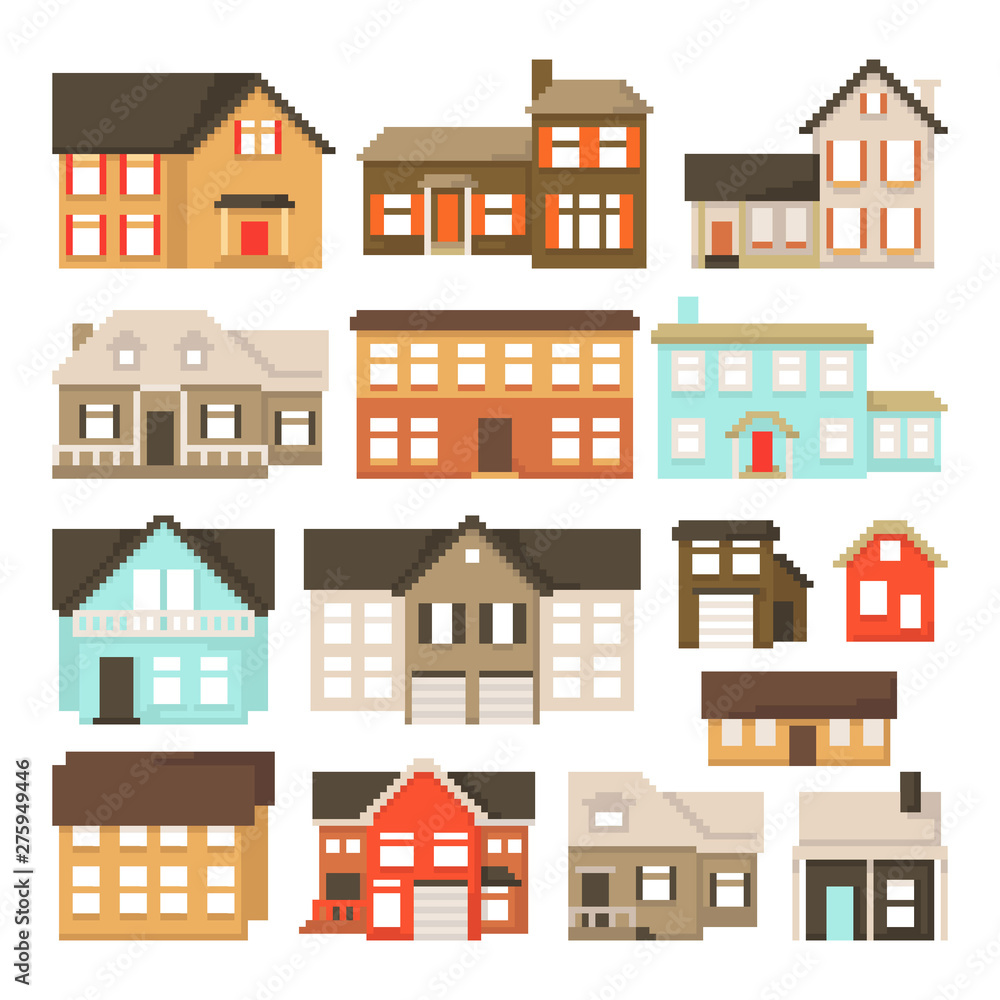 Vector de Stock Set of pixel houses isolated on white background ...