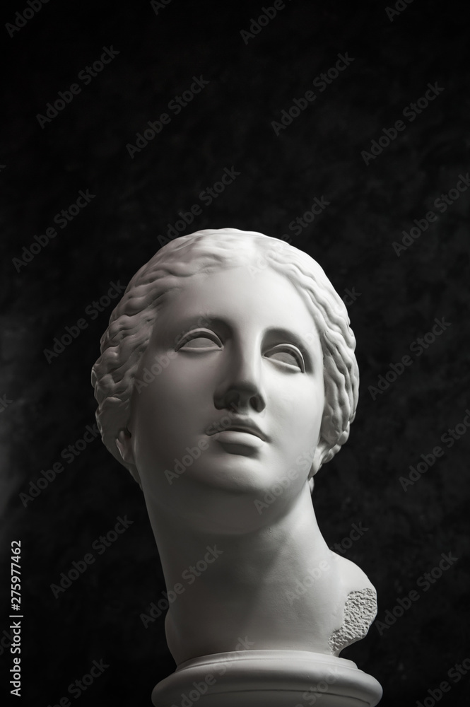 Gypsum copy of ancient statue Venus head on a dark textured background ...