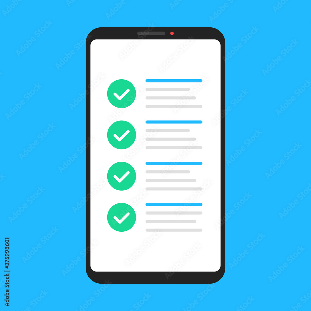 Checklist. Smartphone with green checkmarks. Check marks, ticks on ...