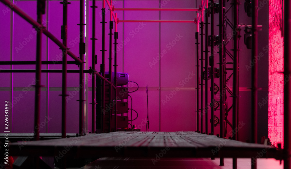 Empty Runway Fashion Show catwalk with moving beam lighting along walk ...