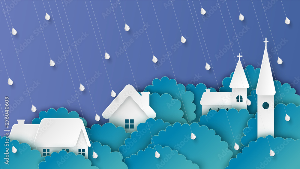 Landscape of village in the rainy forest. Graphic design for rainy ...