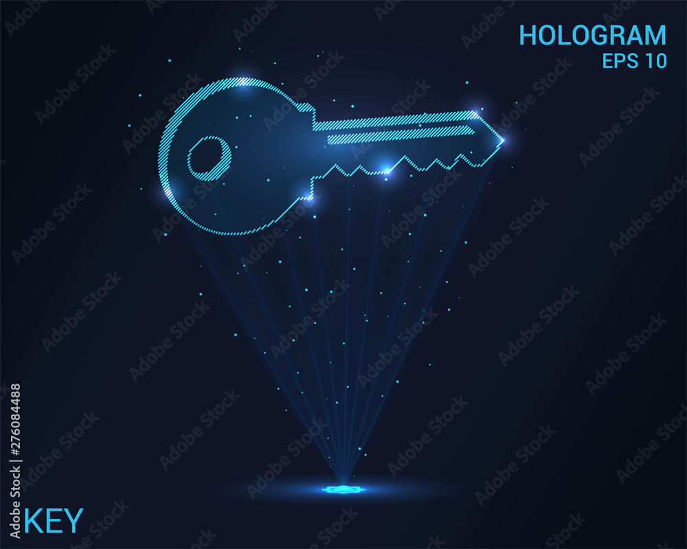 Hologram key. The key in the glow consists of particles. Flickering ...