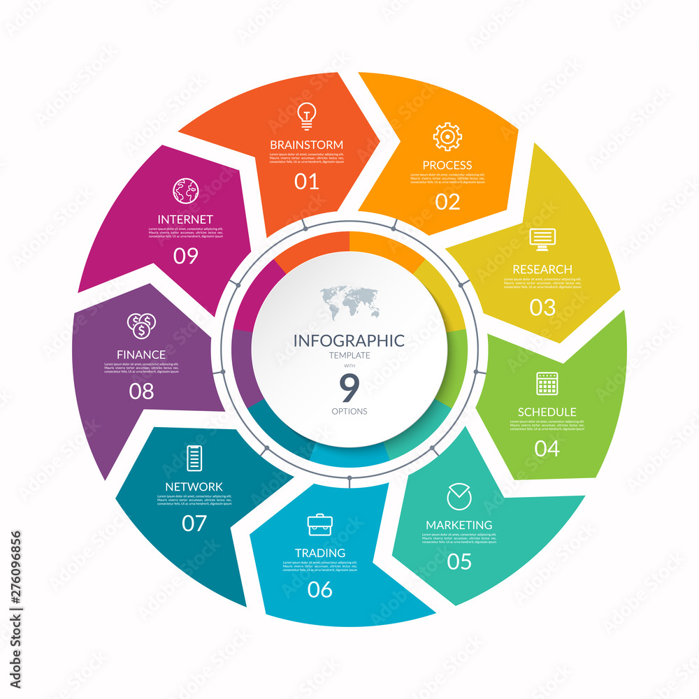 Infographic process chart. Cycle diagram with 9 stages, options, parts ...