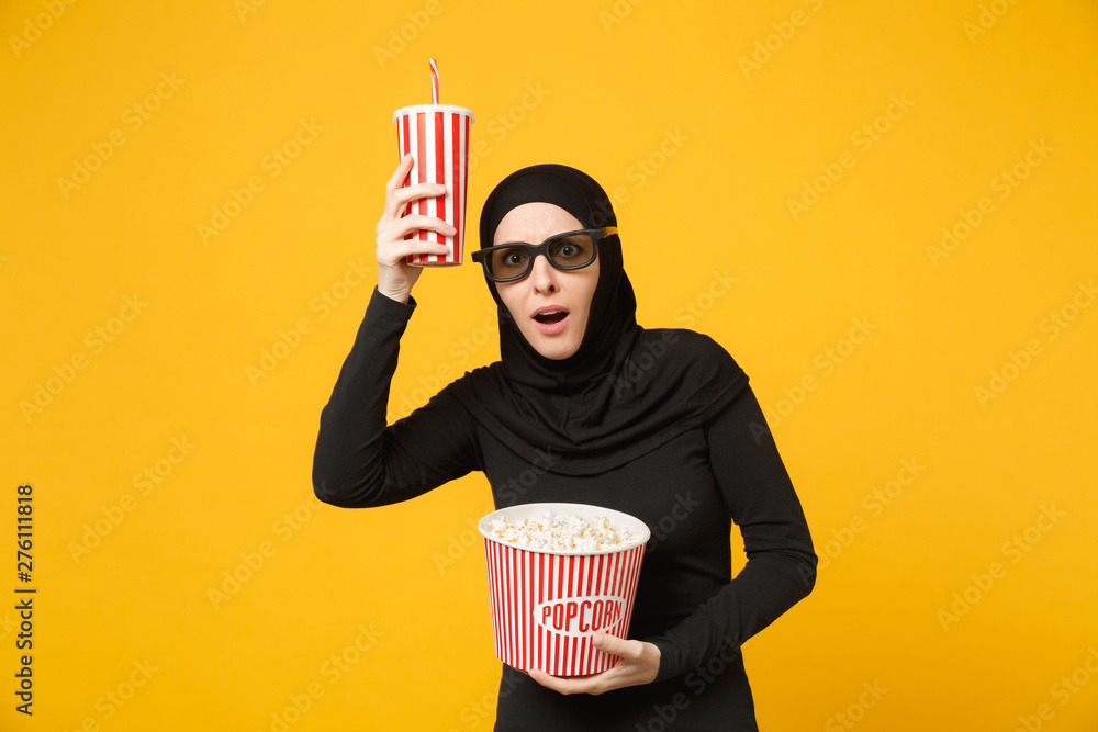 Arabian muslim woman in hijab black clothes 3d imax glasses watch movie ...