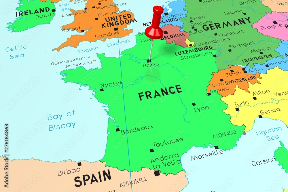 France, Paris - capital city, pinned on political map Stock ...