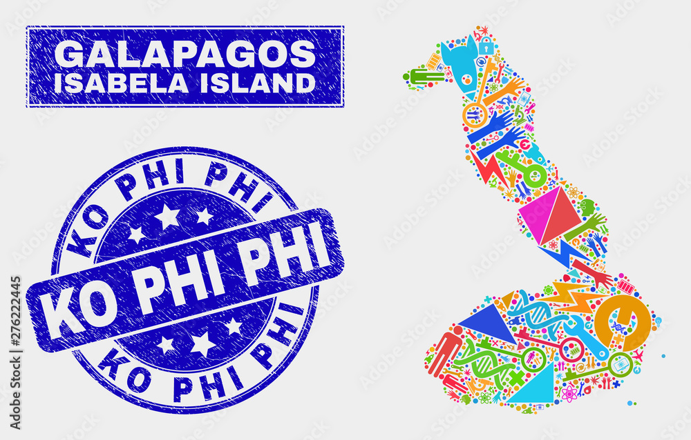 Mosaic industrial Isabela Island of Galapagos map and Ko Phi seal stamp ...