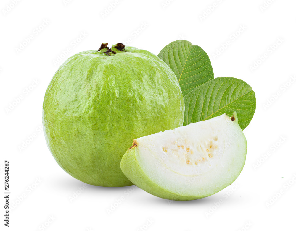 Guava fruit with leaf isolated on white background . full depth of ...