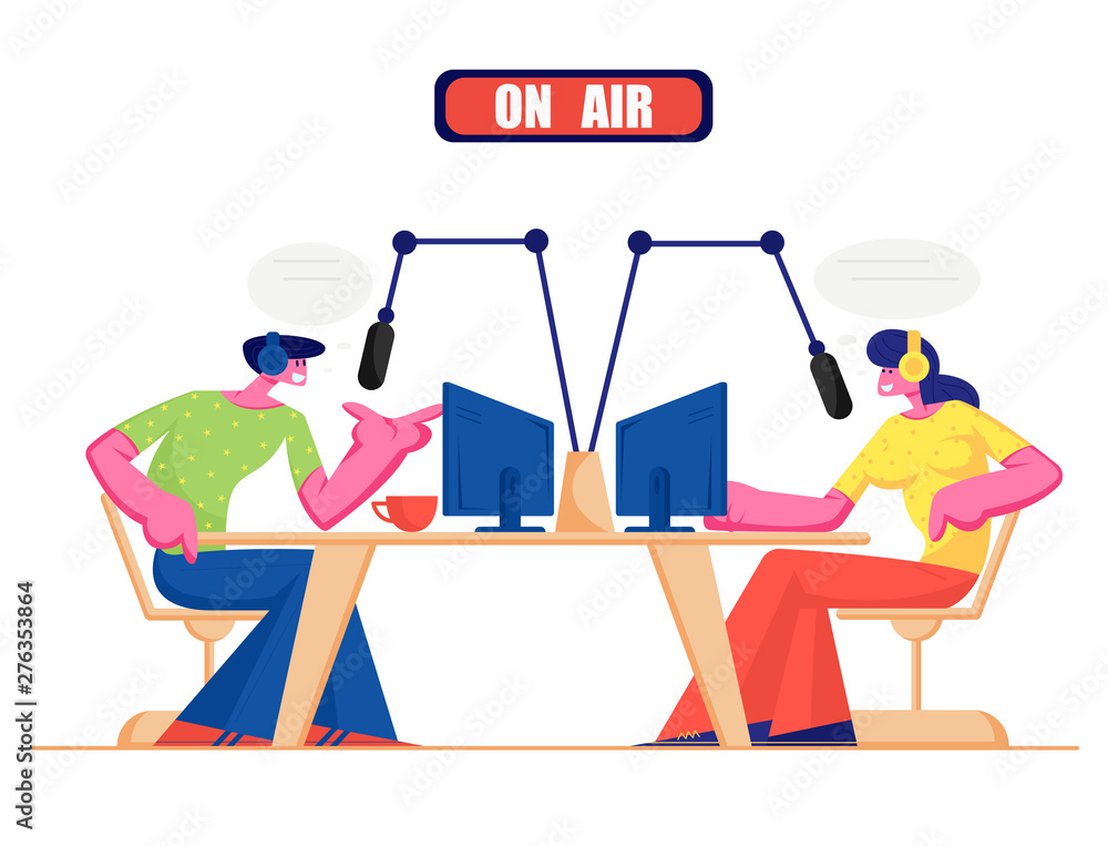 People and Radio Concept. Male and Female Radio Dj Characters in ...