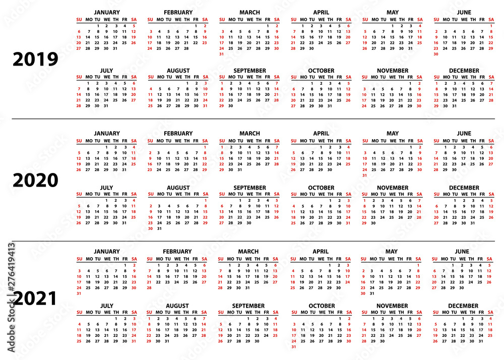 Calendar for 2019, 2020 and 2021 years in English in simple style on a ...