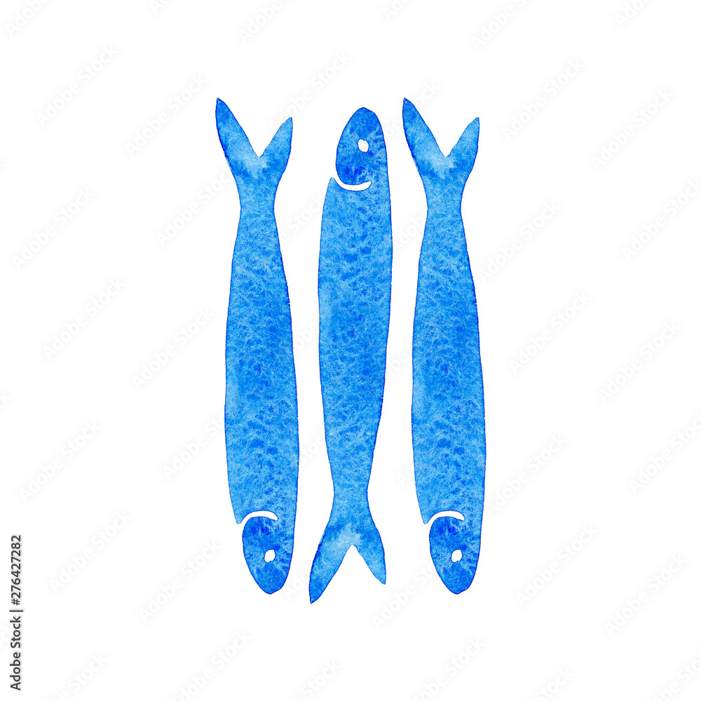 Hand Drawn blue watercolor illustration a group of anchovy fish on ...
