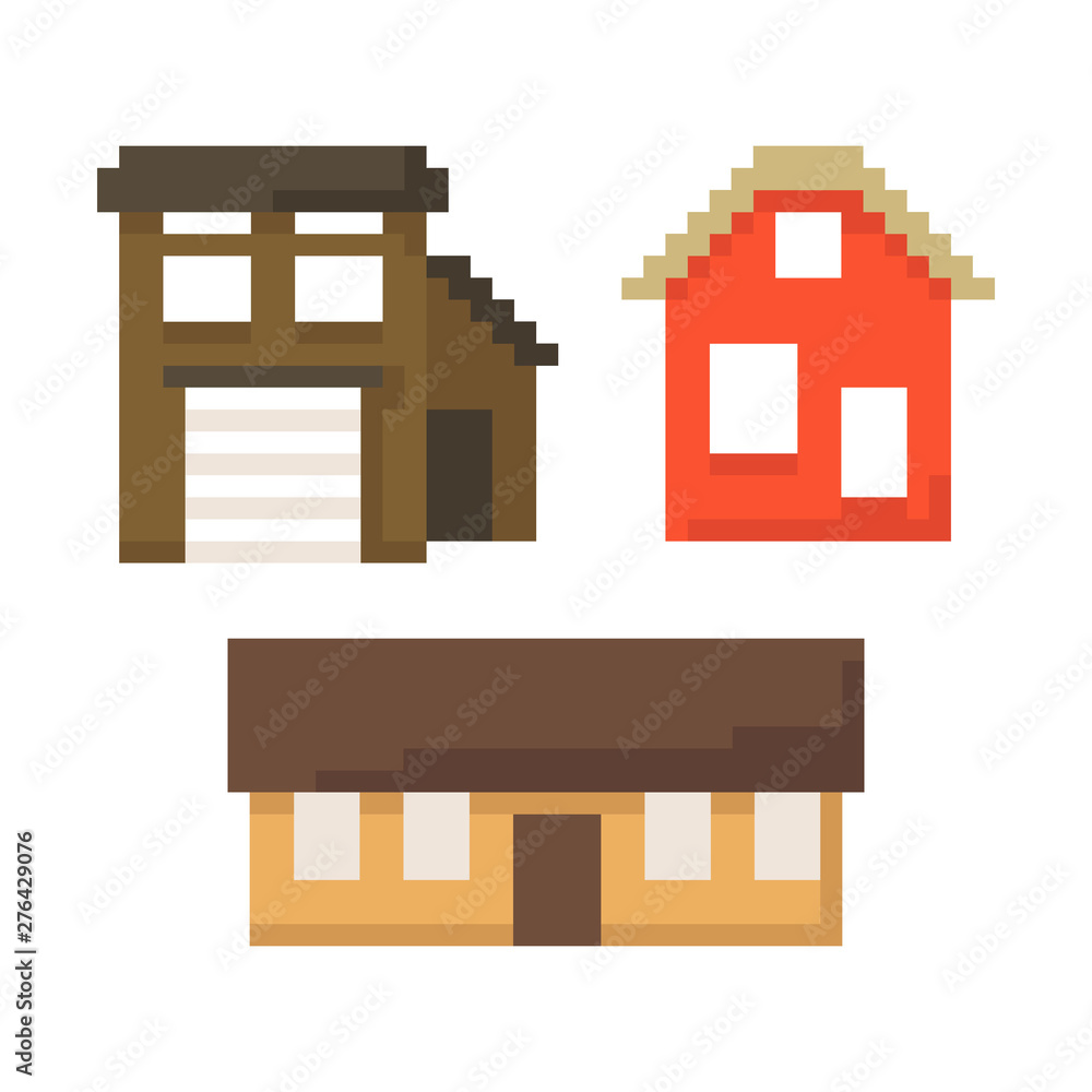 Set of pixel houses isolated on white background. Graphics for games. 8 ...