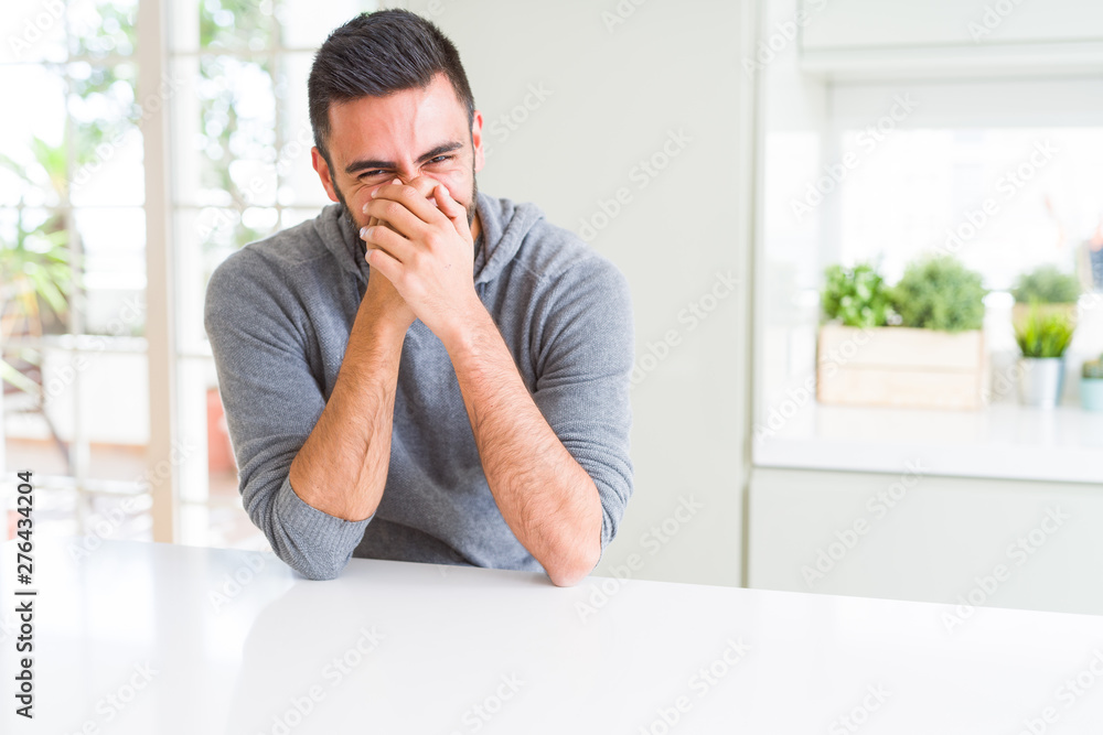 Handsome man smiling cheerful with a big smile on face showing teeth ...