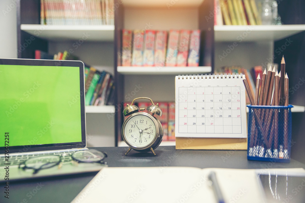 Desktop Calendar 2019 ,laptop place on office desk in library.Calender ...
