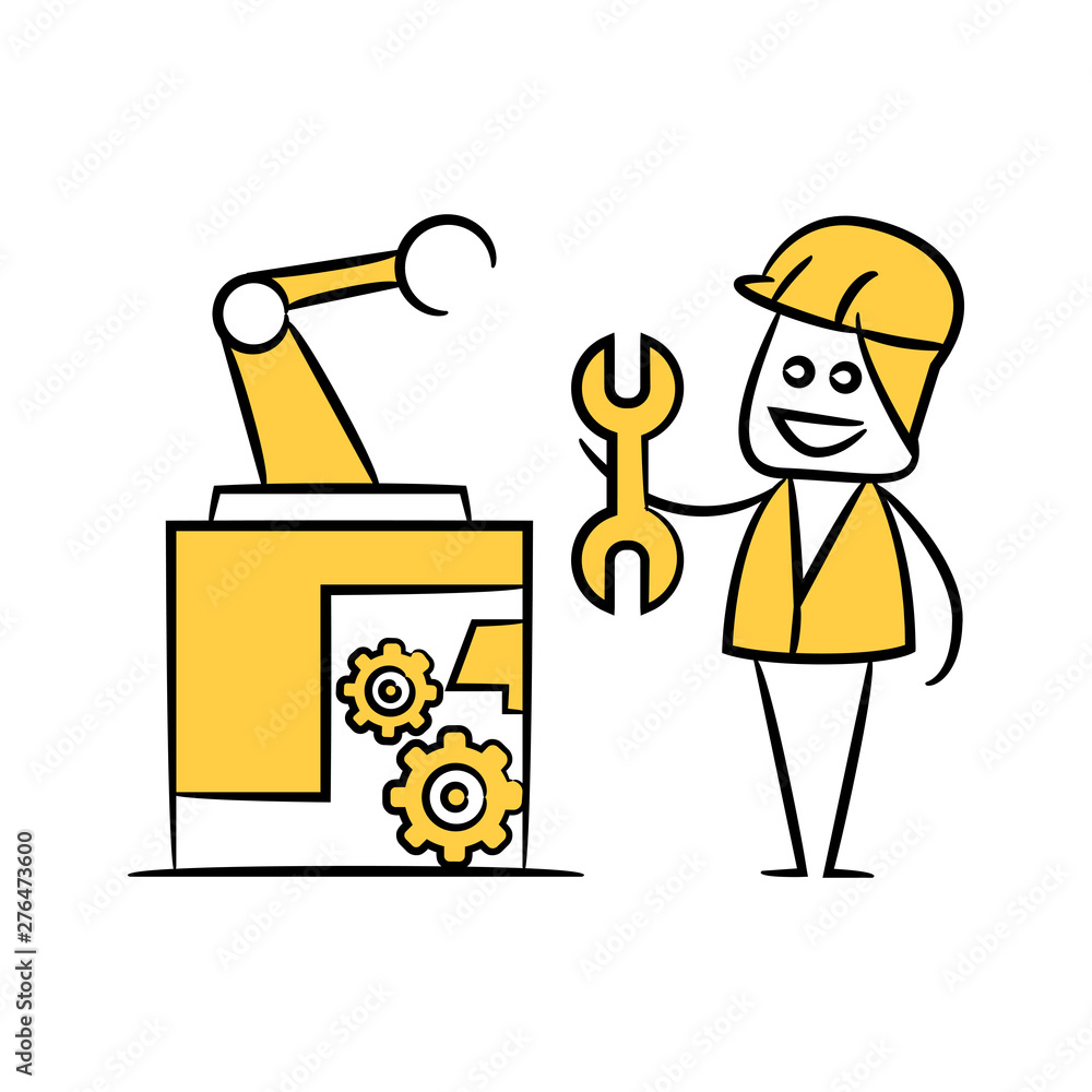 engineer and service control robot machine, doodle stick figure design ...