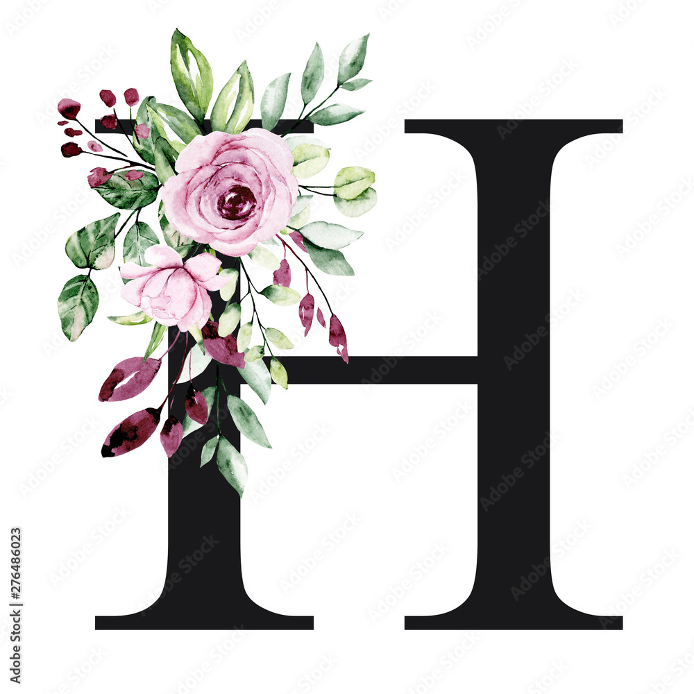 Floral alphabet, letter H with watercolor flowers and leaves. Monogram ...