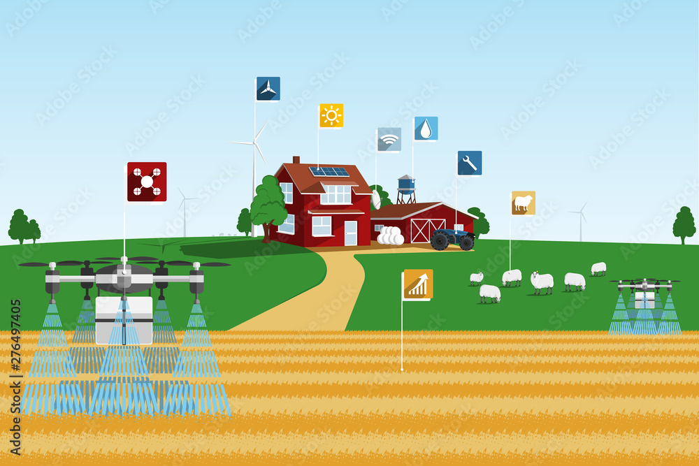 Modern smart farm with drones-sprayers. Digital transformation in ...