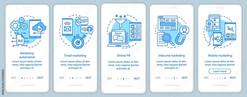 Digital Marketing Tactics Blue Onboarding Mobile App Page Screen Vector Template Advertising